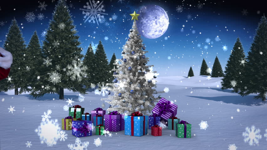 Digital Animation Of Snow Falling On Christmas Presents In Snowy ...
