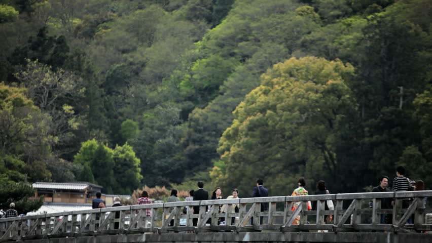 Kyoto - May 2014: Tourists Walking Togetsukyo Bridge Oi River Moon ...