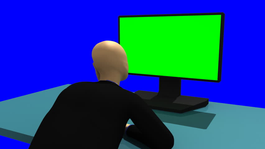 Computer Animation Representing A 3d-man Sitting In Front Of A Green ...