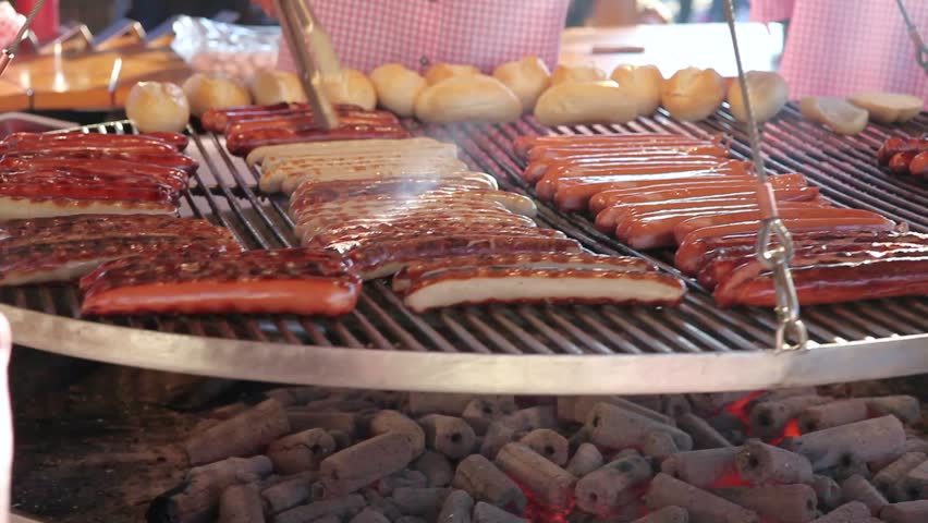 Stock video of german sausage grill on market | 8398345 | Shutterstock