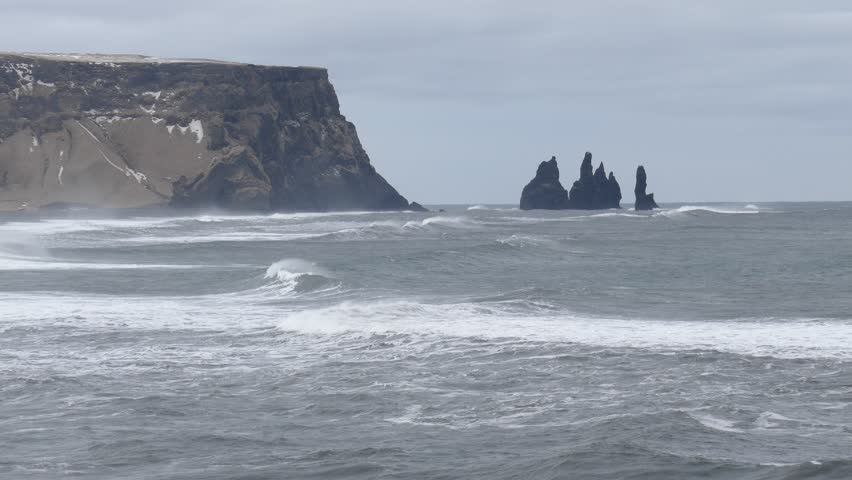 Reynisdrangar, Basalt Sea Stacks Situated Stock Footage Video (100% ...